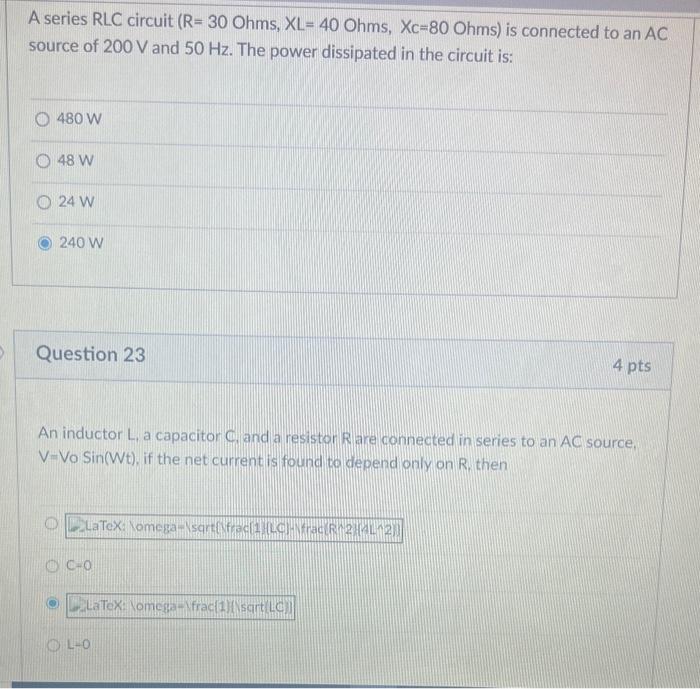 Solved A series RLC circuit ( R=30 Ohms, X L=40 Ohms, Xc=80 | Chegg.com