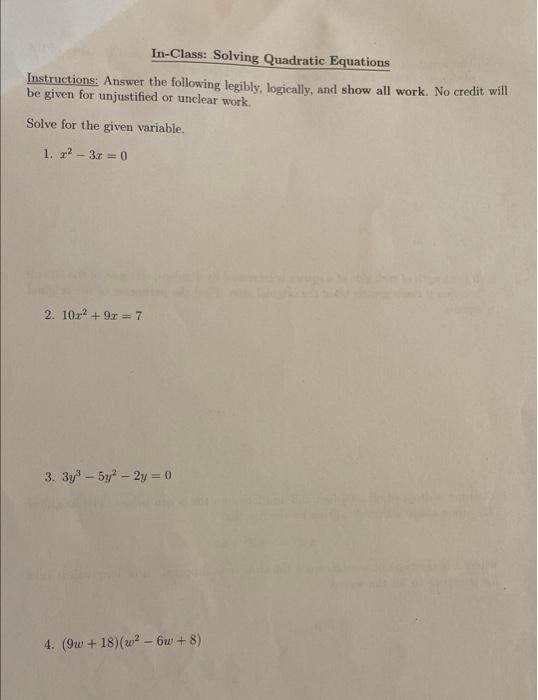 Solved In-Class: Solving Quadratic Equations Instructions: | Chegg.com