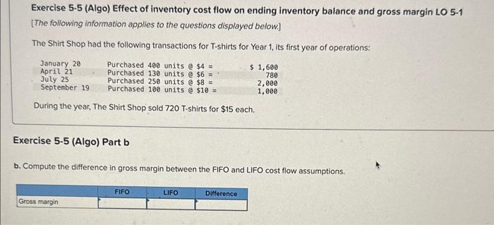 Solved Exercise 5-5 (Algo) Effect of inventory cost flow on | Chegg.com