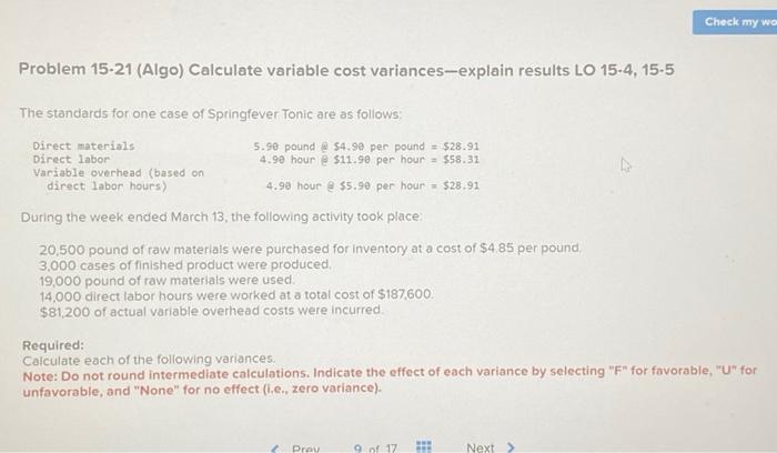 Solved Problem 15-21 (Algo) Calculate variable cost | Chegg.com