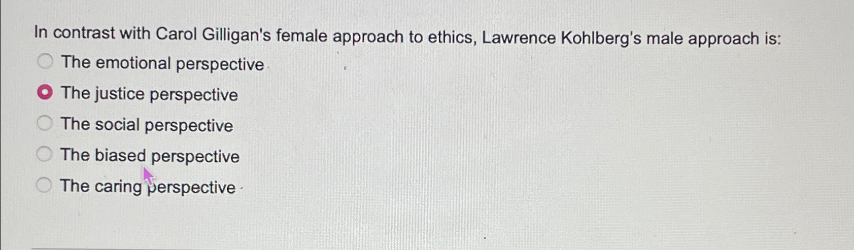 Solved In contrast with Carol Gilligan's female approach to | Chegg.com
