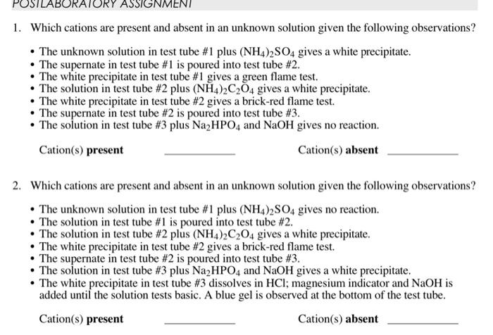 Solved POSTLABORATORY ASSIGNMENT 1. Which cations are | Chegg.com