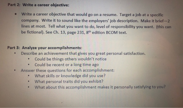 Solved Part 2: Write a career objective: . Write a career | Chegg.com