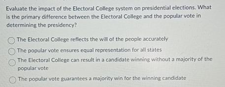 Solved Evaluate the impact of the Electoral College system | Chegg.com