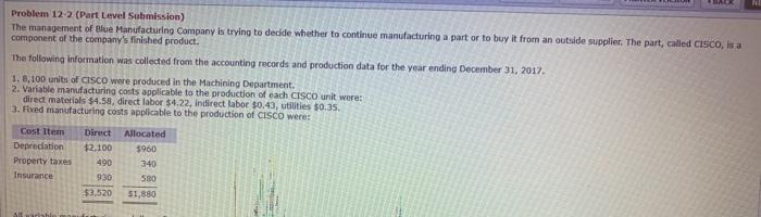 Solved Problem 12-2 (Part Level Submission) The management | Chegg.com