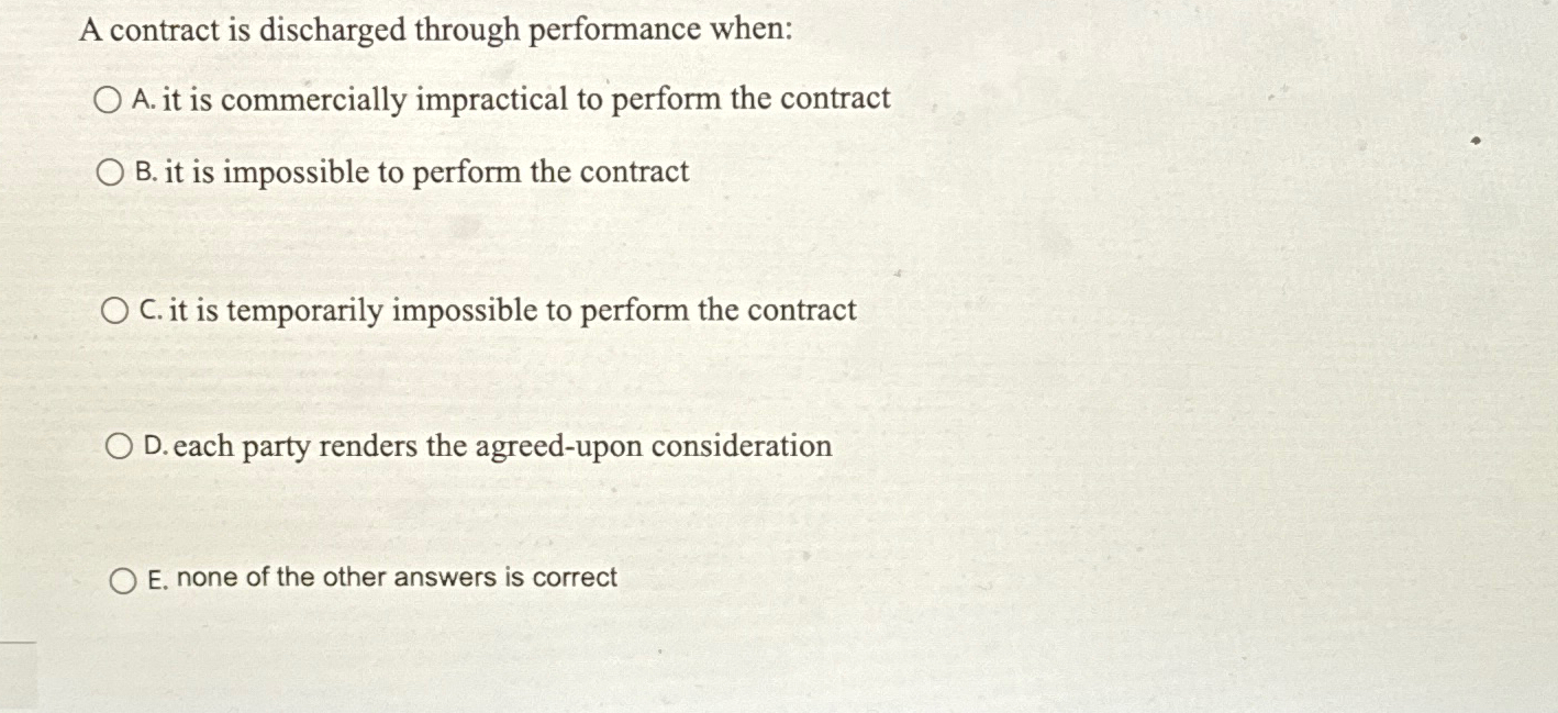 Solved A contract is discharged through performance when:A. | Chegg.com