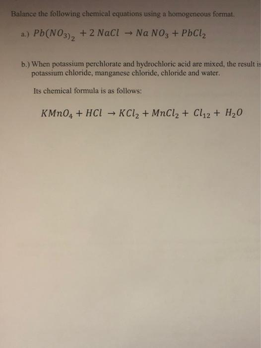 Solved Balance the following chemical equations using a | Chegg.com