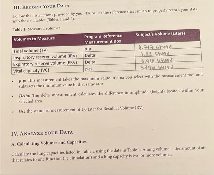 Solved III. RECORD YOUR DATA Follow the instructions | Chegg.com