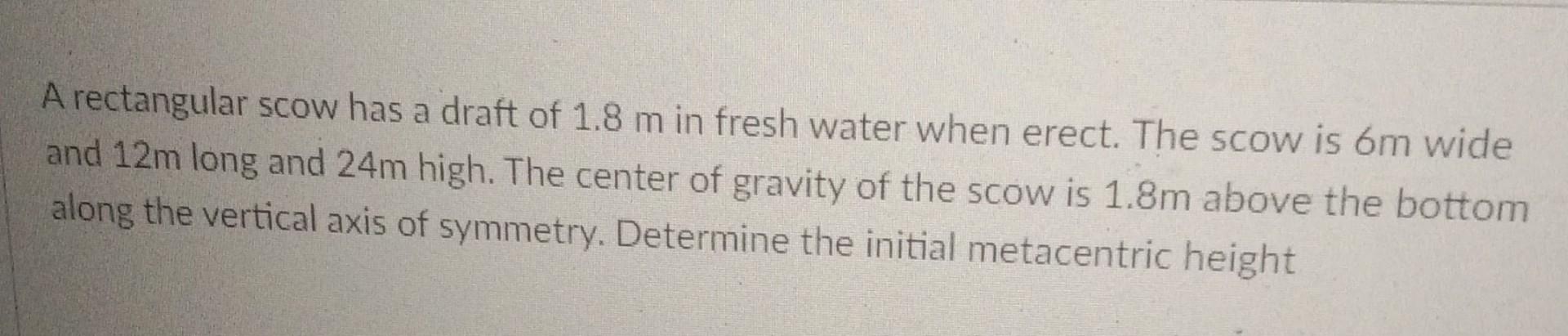 Solved A rectangular scow has a draft of 1.8 m in fresh | Chegg.com