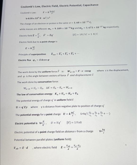 Coulomb's Law, Electric Field, Electric Potential, | Chegg.com