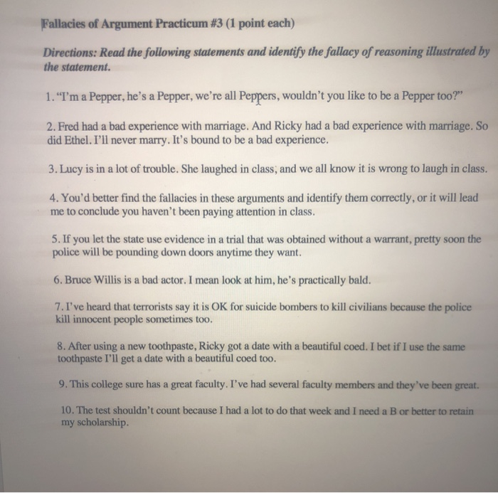 Solved Fallacies of Argument Practicum #3 (1 point each) | Chegg.com