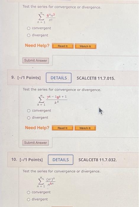 Solved Test the series for convergence or divergence. | Chegg.com