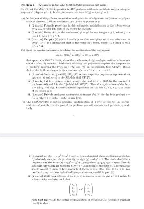 Problem 1-Arithmetic in the AES MixCOLUMNS operation | Chegg.com