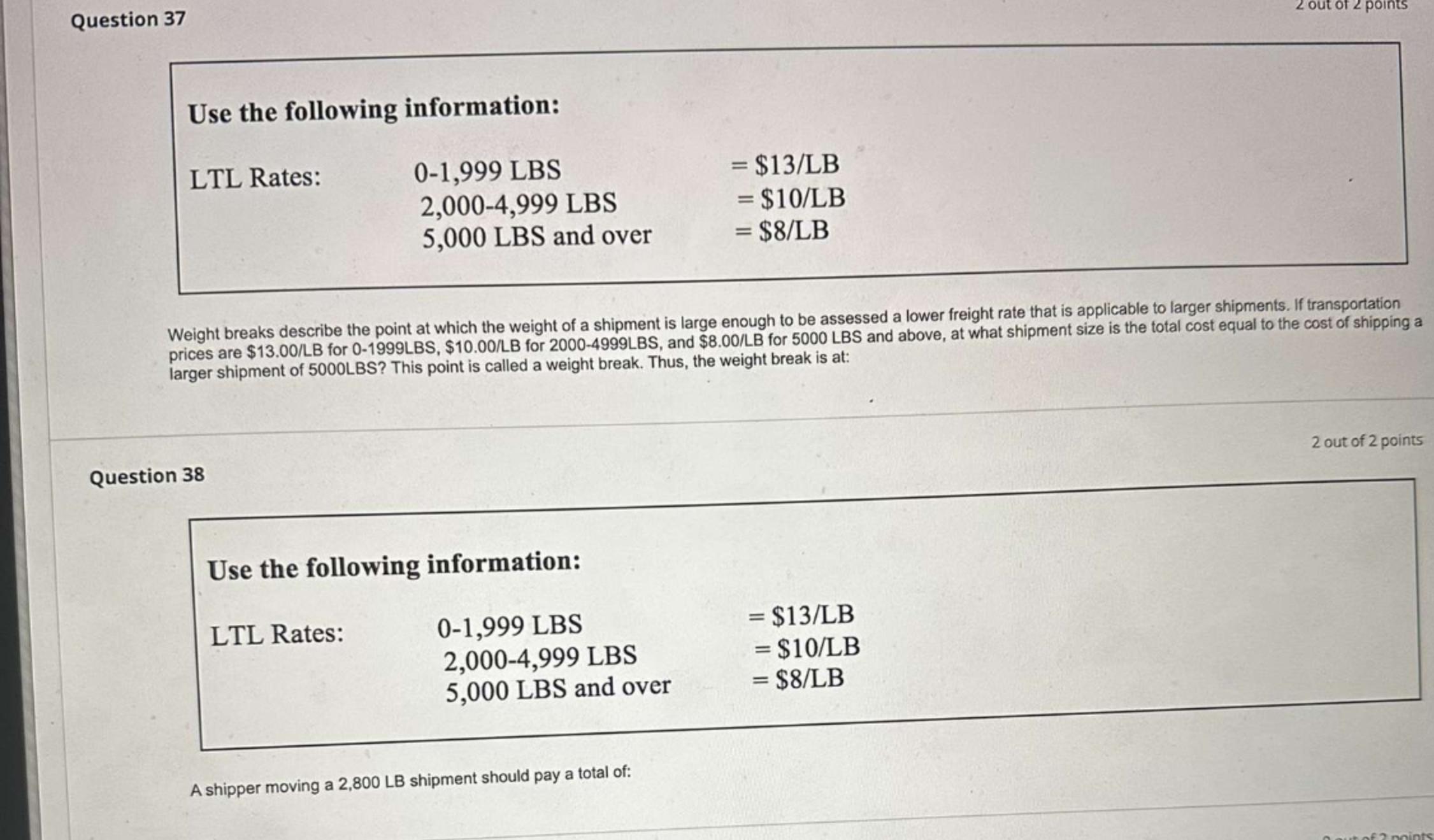 Solved Question 37Use the following information:LTL | Chegg.com