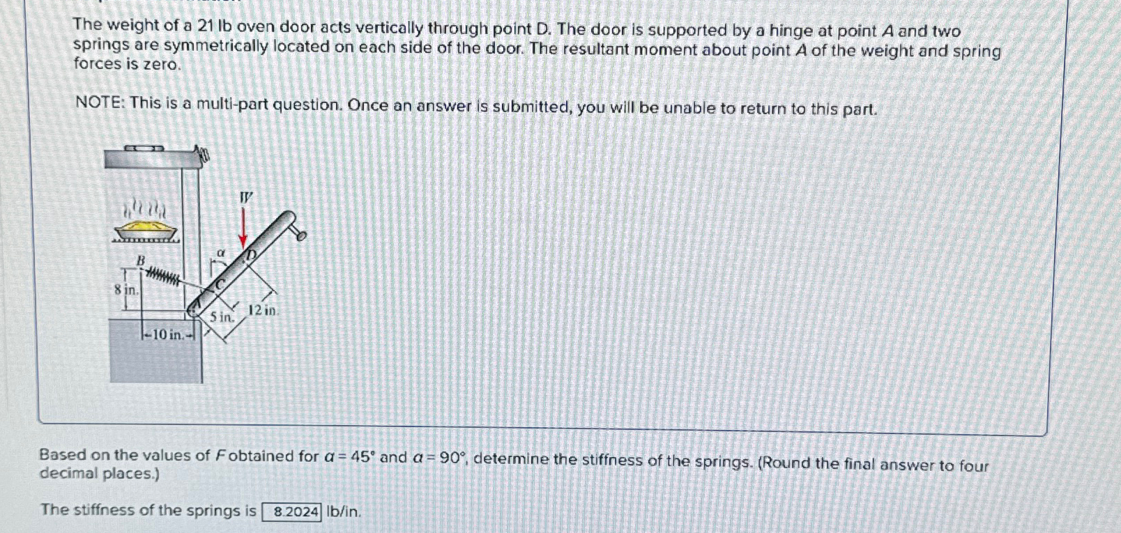 Solved The weight of a 21lb ﻿oven door acts vertically | Chegg.com