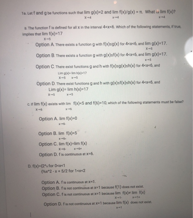Solved 1a. Let fand gbe functions such that lim g(x)=2 and | Chegg.com