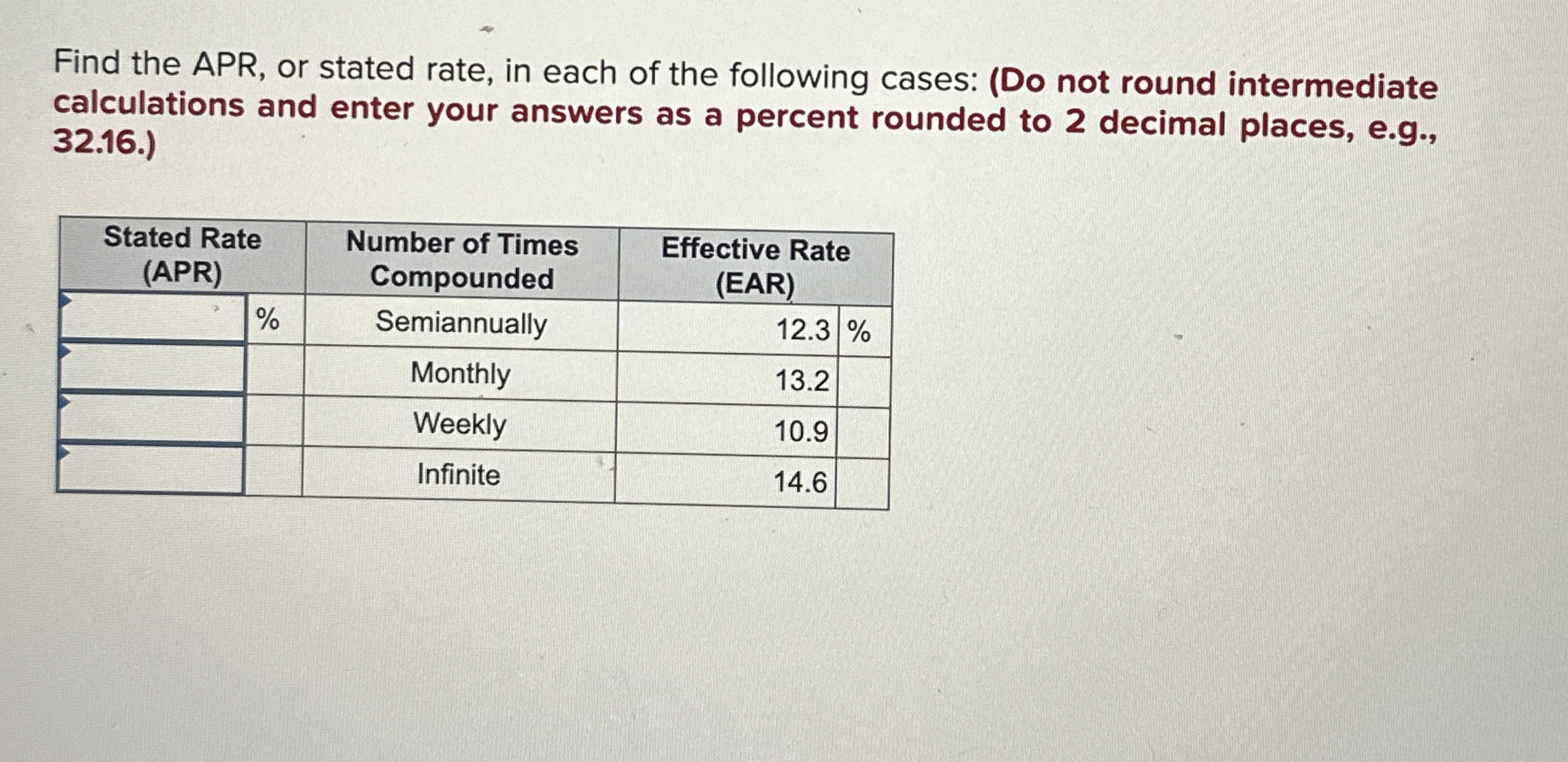 Solved Find the APR, or stated rate, in each of the | Chegg.com