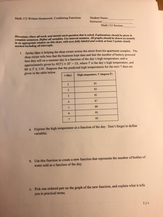 Solved Math 112 Written Homework: Combining Functions | Chegg.com
