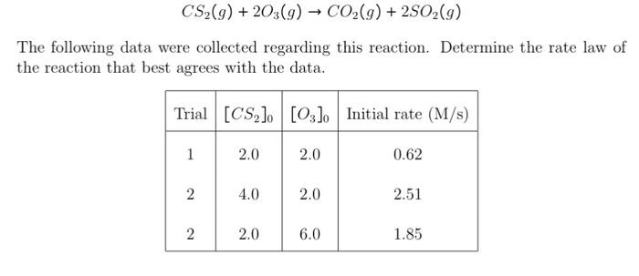 Solved CS2(g)+2O3(g)→CO2(g)+2SO2(g) The following data were | Chegg.com