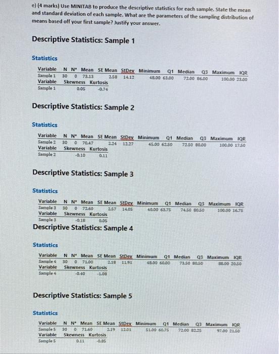 Solved e) (4 marks) Use MINITAB to produce the descriptive | Chegg.com