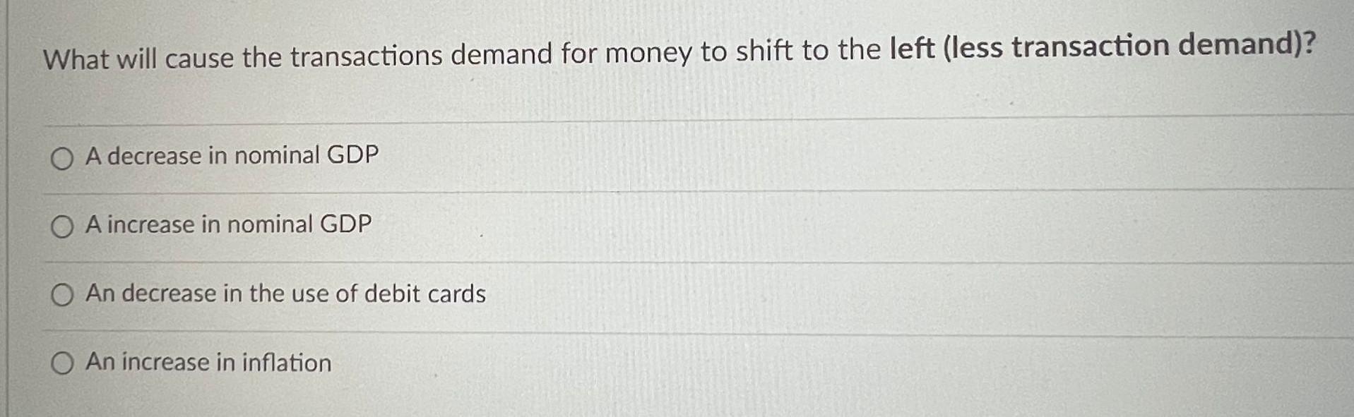 Solved What will cause the transactions demand for money to | Chegg.com