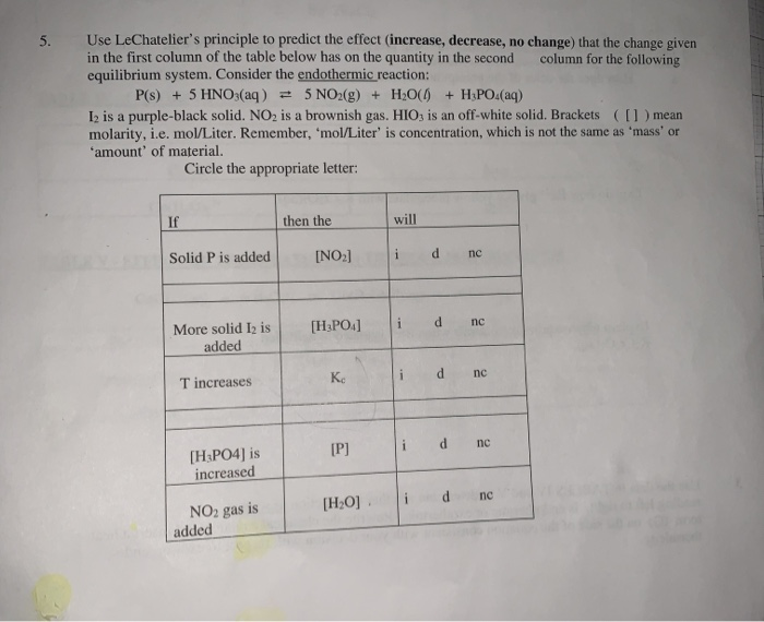 Solved 5. Use LeChatelier's principle to predict the effect | Chegg.com