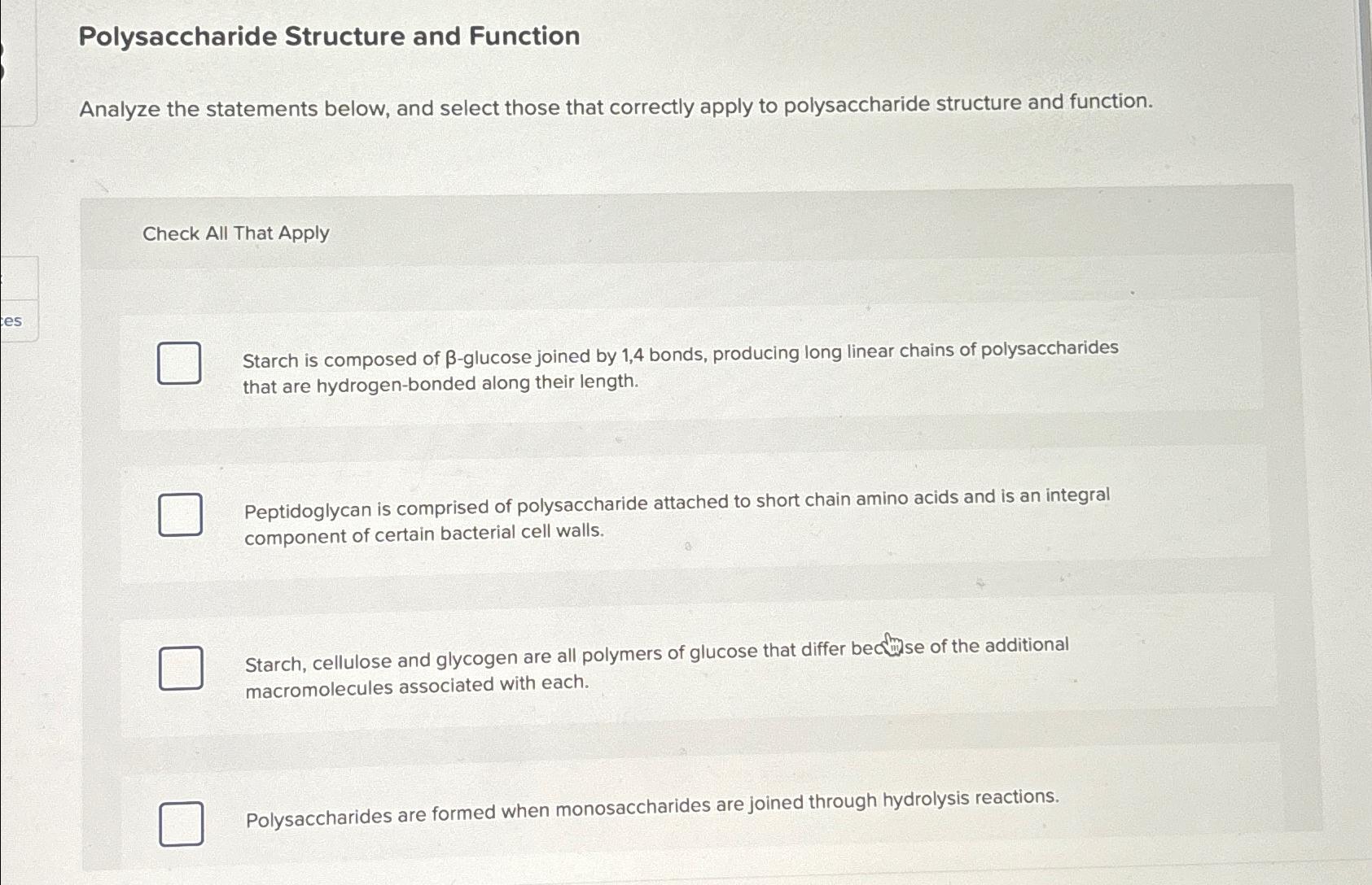 Solved Polysaccharide Structure and FunctionAnalyze the | Chegg.com