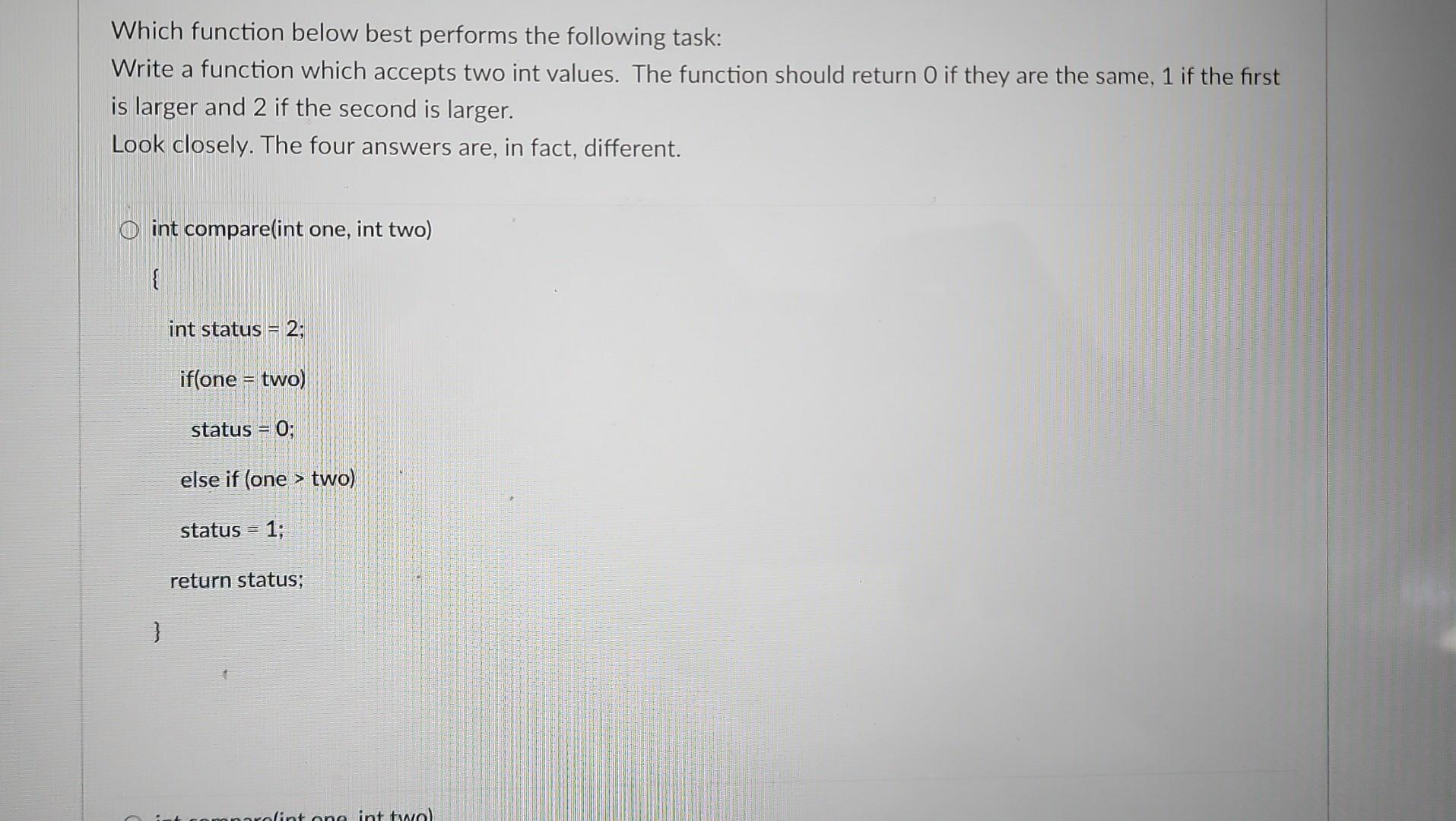 Solved Which function below best performs the following | Chegg.com