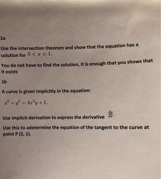 Solved 1a Use the intersection theorem and show that the | Chegg.com