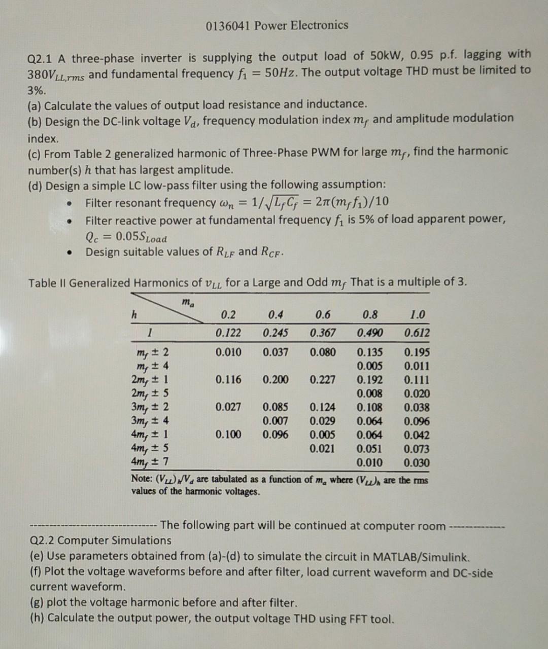 Solved Q2.1 A three-phase inverter is supplying the output | Chegg.com