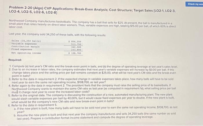 Solved Problem 2-20 (Algo) CVP Applications: Break-Even | Chegg.com