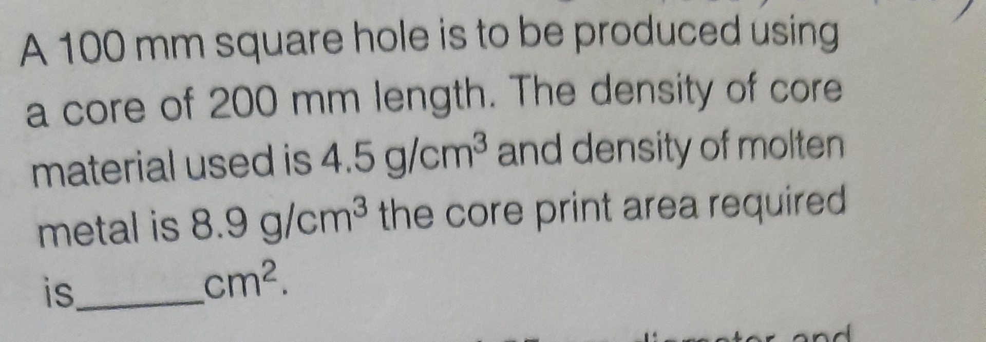 Solved A 100 ﻿mm square hole is to be produced using a core | Chegg.com