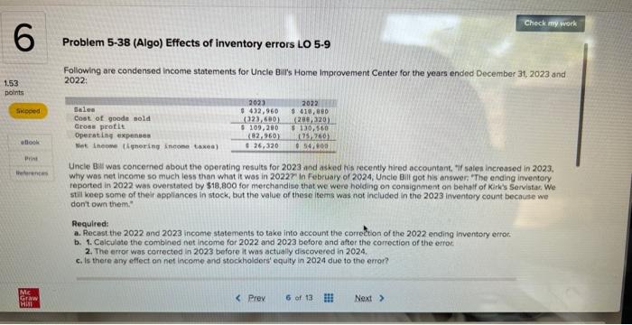 Problem 5-38 (Algo) Effects of inventory errors LO | Chegg.com