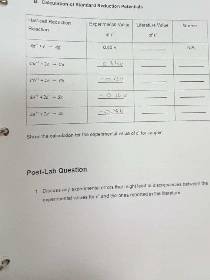 B. ﻿Calculation of Standard Reduction | Chegg.com