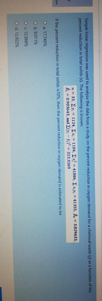 Solved Simple linear regression was used to analyze the data | Chegg.com