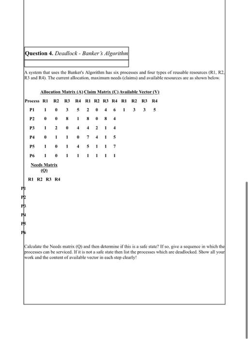 Solved Question 4. Deadlock - Banker's Algorithm A system | Chegg.com Solved Question 4. Deadlock - Banker's Algorithm A system | Chegg.com