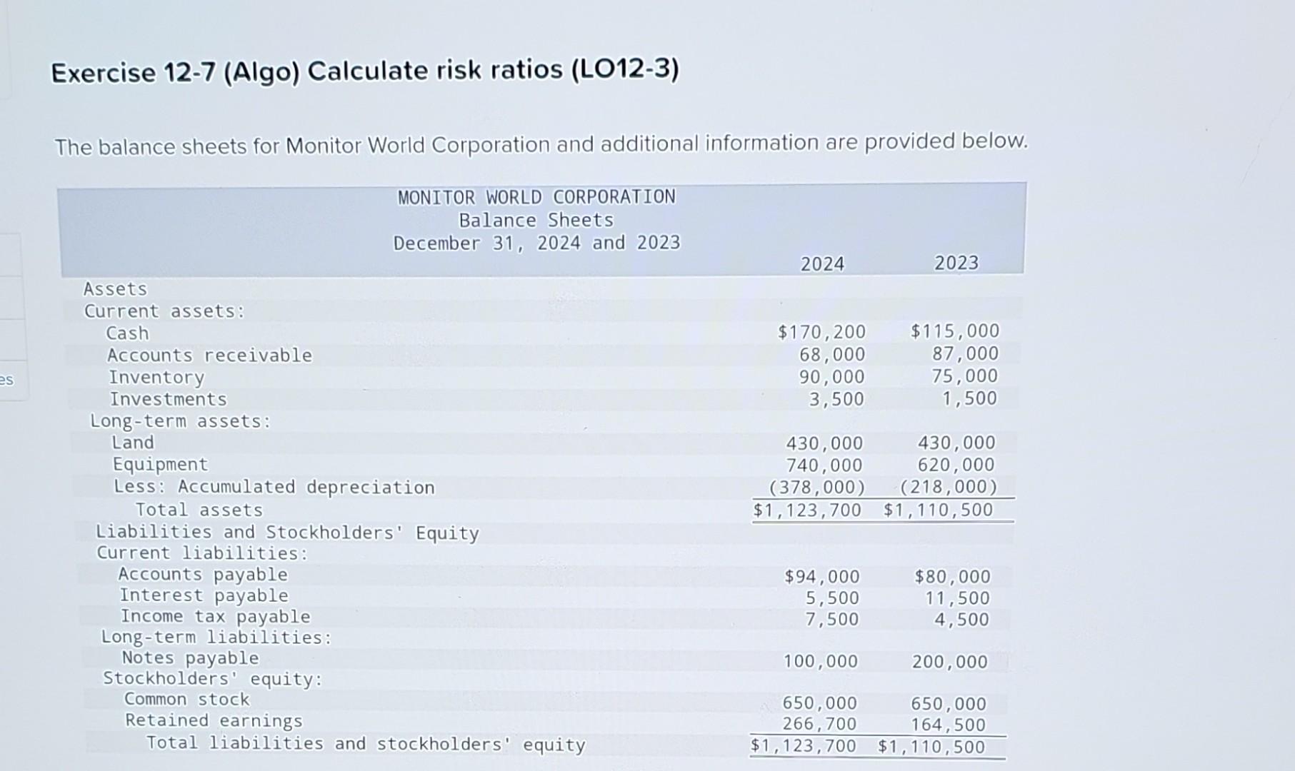 Solved Exercise 12-7 (Algo) Calculate risk ratios (LO12-3) | Chegg.com