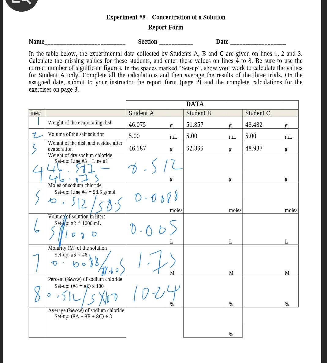 Solved Experiment #8 - Concentration of a Solution Report | Chegg.com