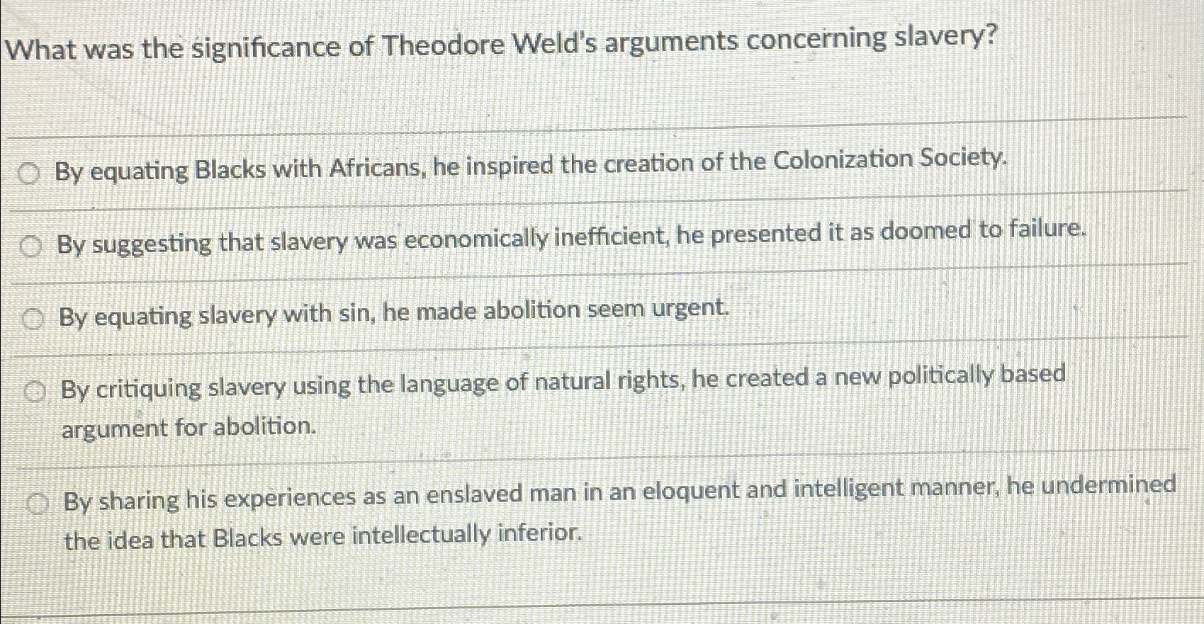 Solved What was the significance of Theodore Weld's | Chegg.com