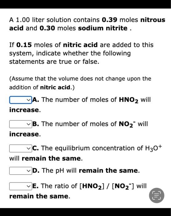 Solved A 1.00 liter solution contains 0.39 moles nitrous | Chegg.com