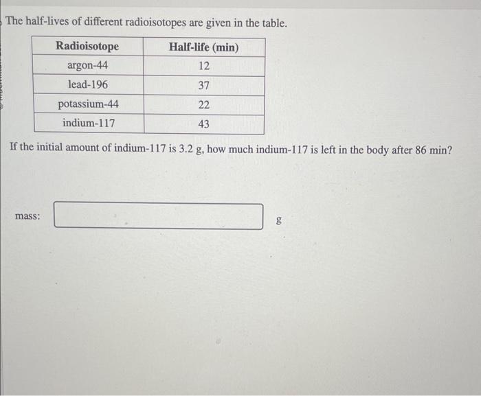 Solved If the initial amount of indium- 117 is 3.2 g, how | Chegg.com