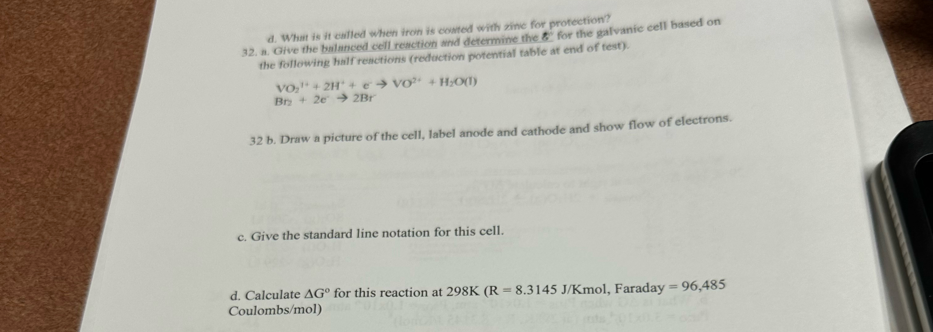 Solved 32. ﻿a. ﻿Give the balanced cell reaction and | Chegg.com