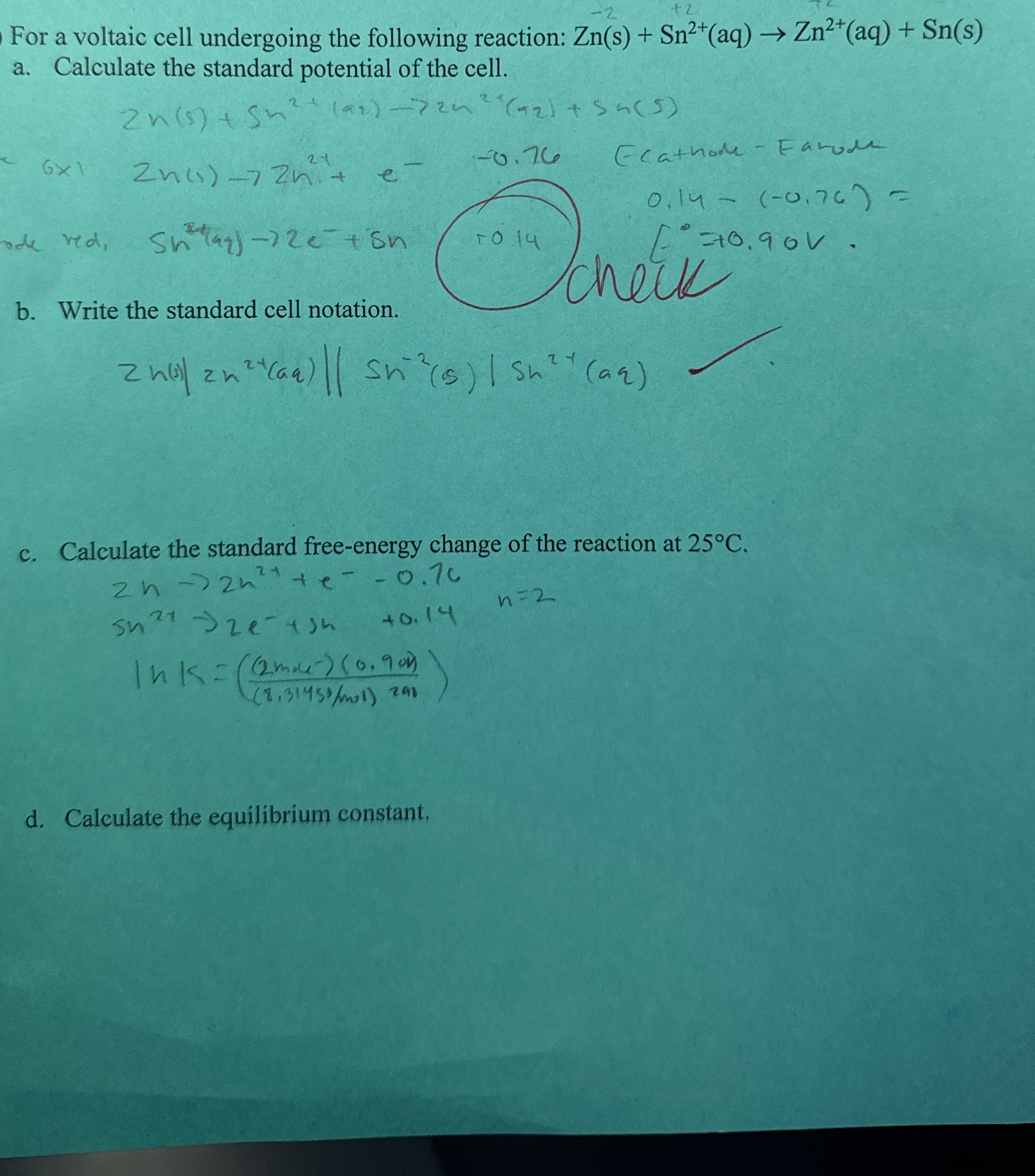 Solved For a voltaic cell undergoing the following reaction: | Chegg.com
