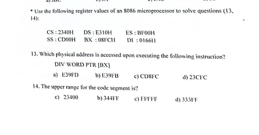 Solved * Use the following register values of an 8086 | Chegg.com