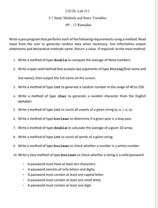 Solved CS120: Lab #11 5.1 Static Methods and Static | Chegg.com