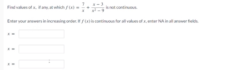 Solved Find values of x, ﻿if any, at which f(x)=7x+x-3x2-9 | Chegg.com