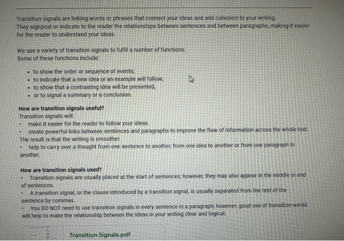 Transition signals are linking words or phrases | Chegg.com