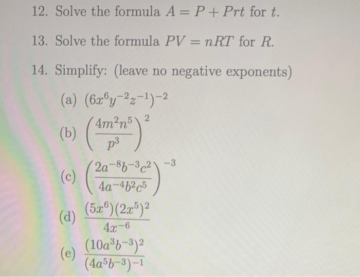 Solved 12. Solve the formula A = P + Prt for t. 13. Solve | Chegg.com
