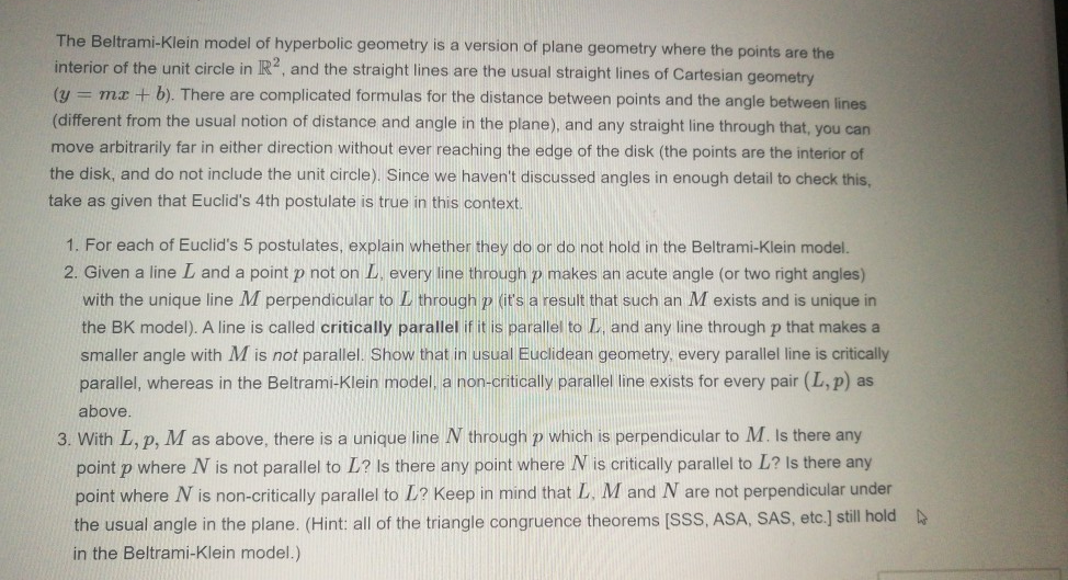 The Beltrami-Klein model of hyperbolic geometry is a | Chegg.com