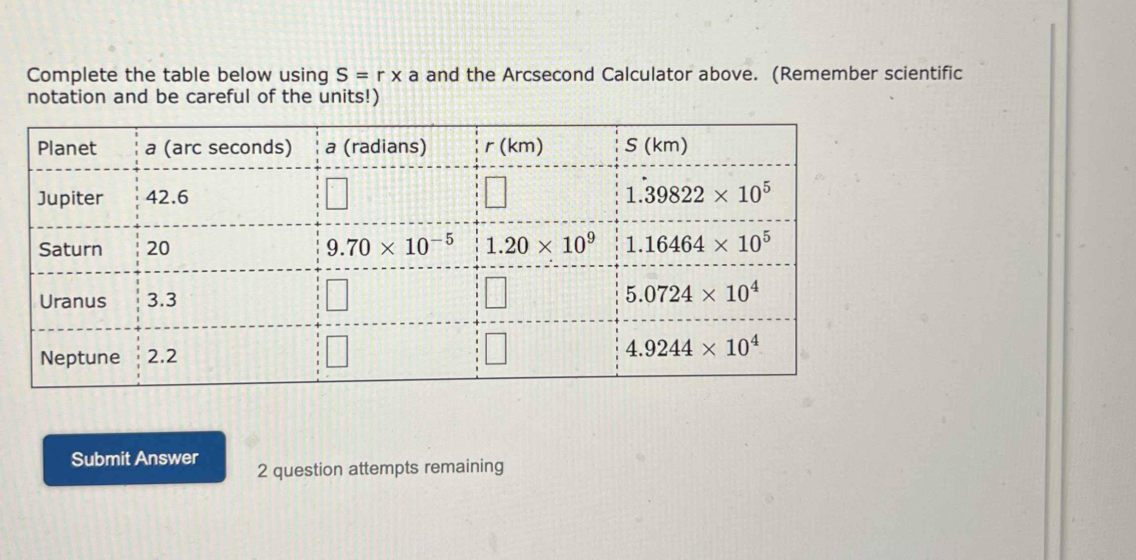 Solved Complete the table below using S=r× ﻿a and the | Chegg.com